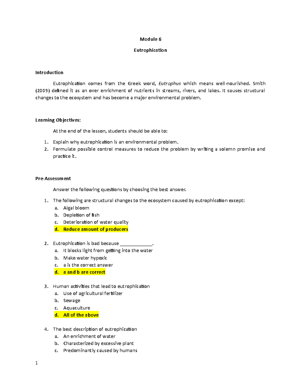 6Module in Environmental Science - Module 6 Eutrophication Introduction ...