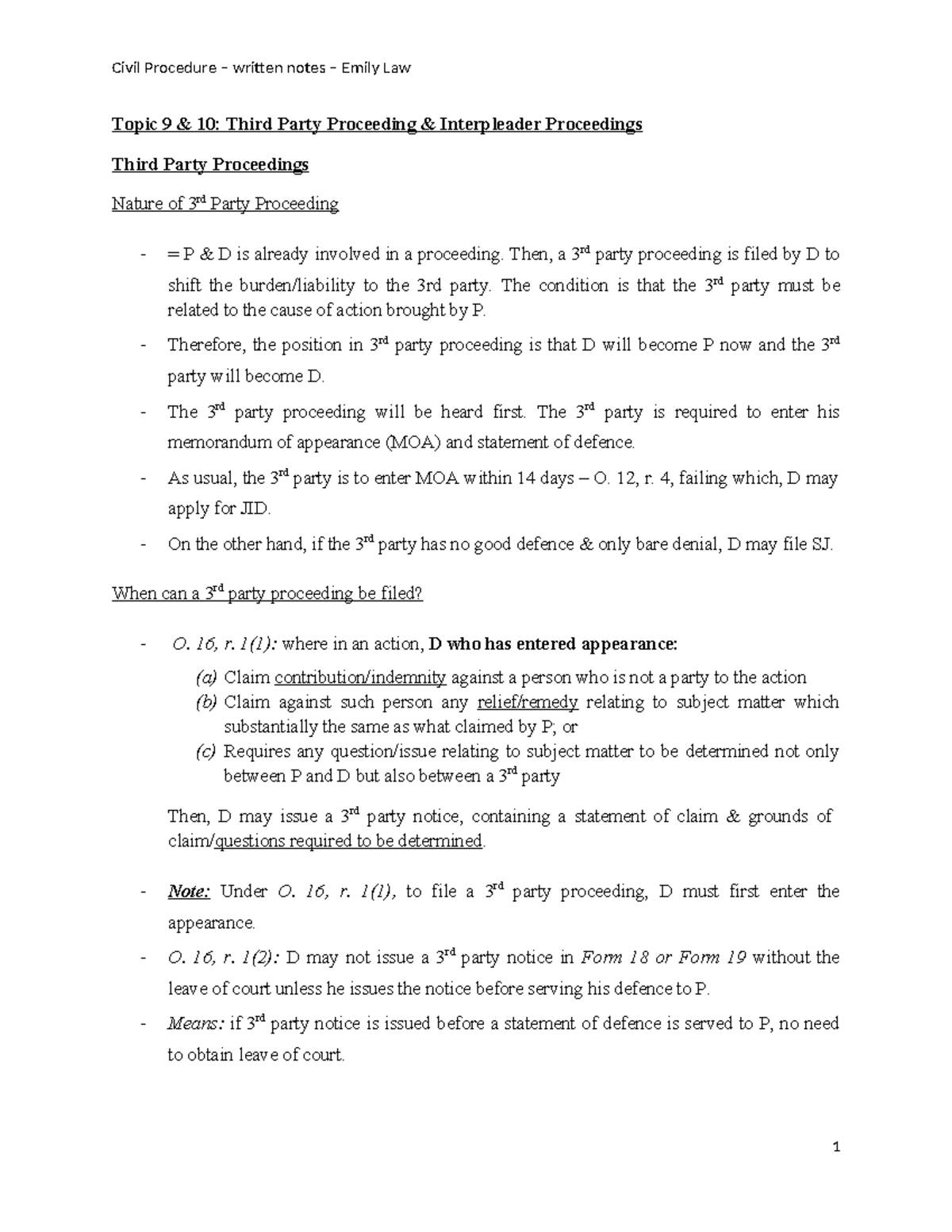 Written Notes Topic 9 10 - Civil Procedure – written notes – Emily Law ...