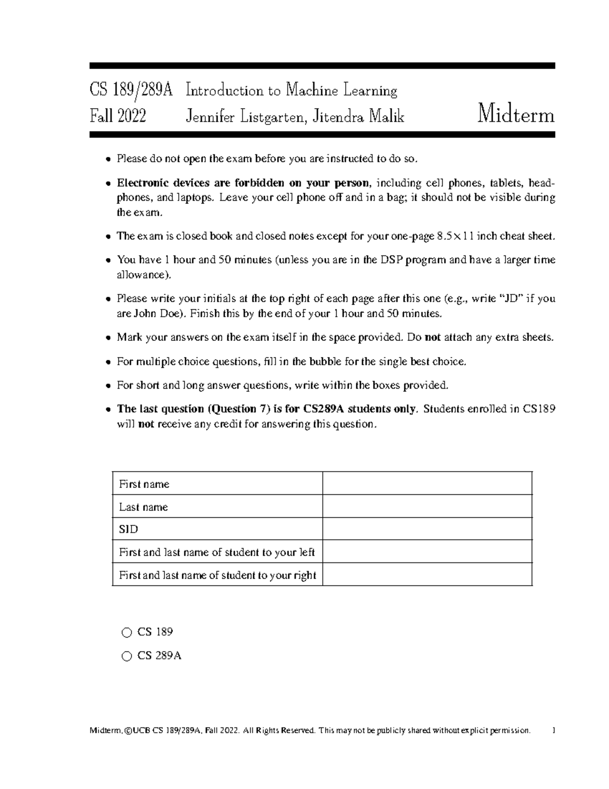 Midf22 - Midterm preparation with solutions - CS 189/289A Introduction to Machine Learning Fall ...