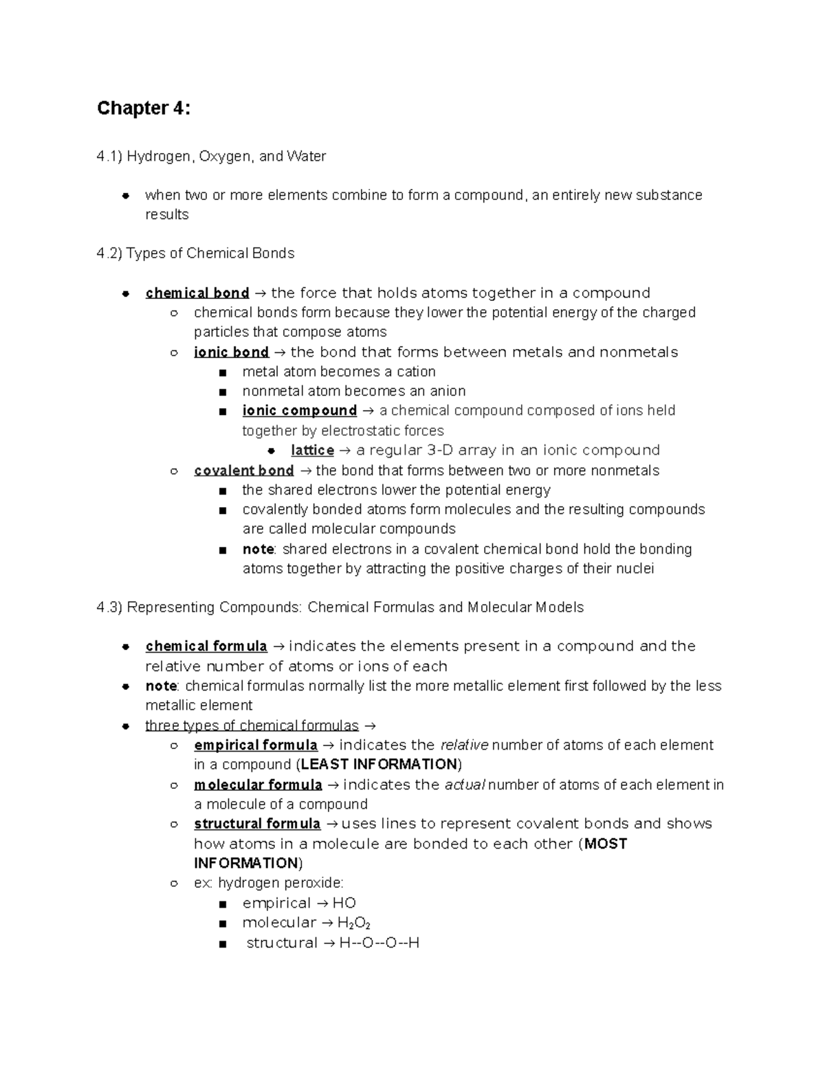 Chemistry Ch. 4 - Lecture notes 4 - Chapter 4: 4) Hydrogen, Oxygen, and ...