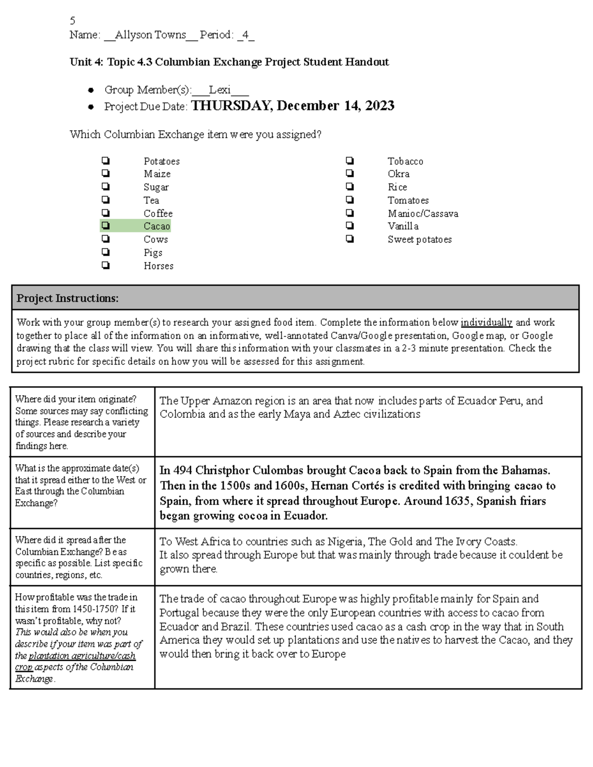 Copy of Unit 4 Columbian Exchange Project Student Handout - 5 Name ...