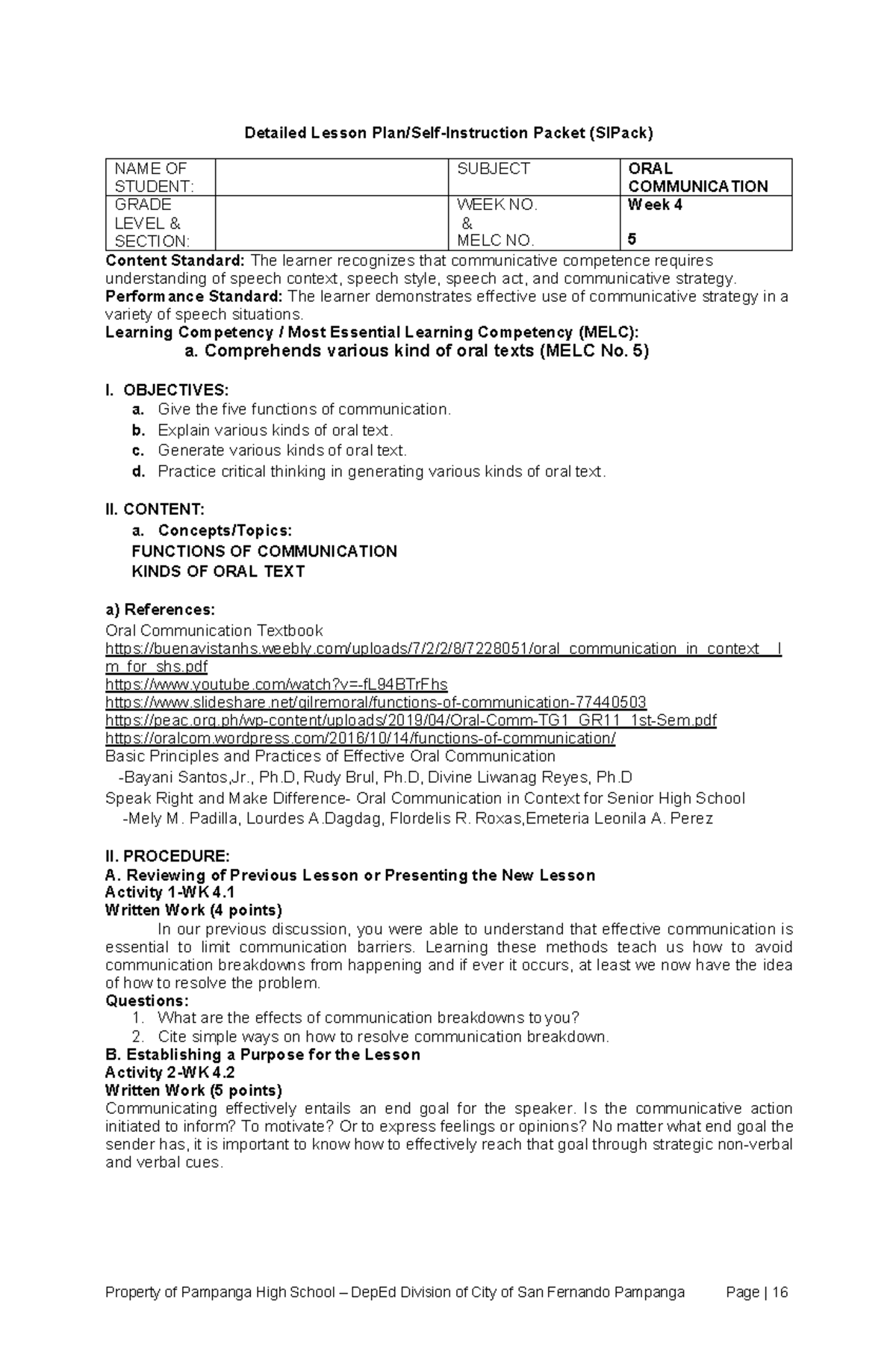 Functions OF Communication Detailed Lesson Plan Self Instruction