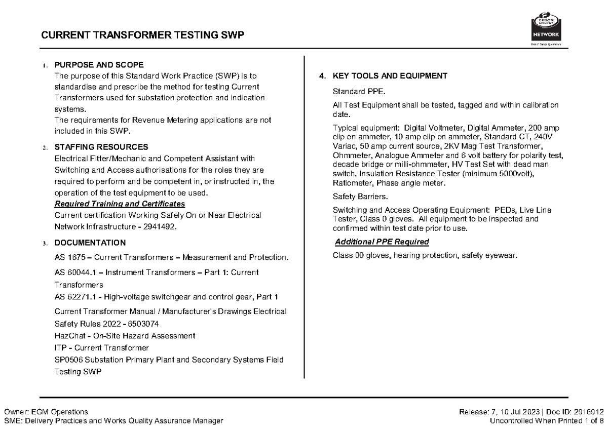 Current Transformer Testing 2916912 1 Purpose And Scope The Purpose
