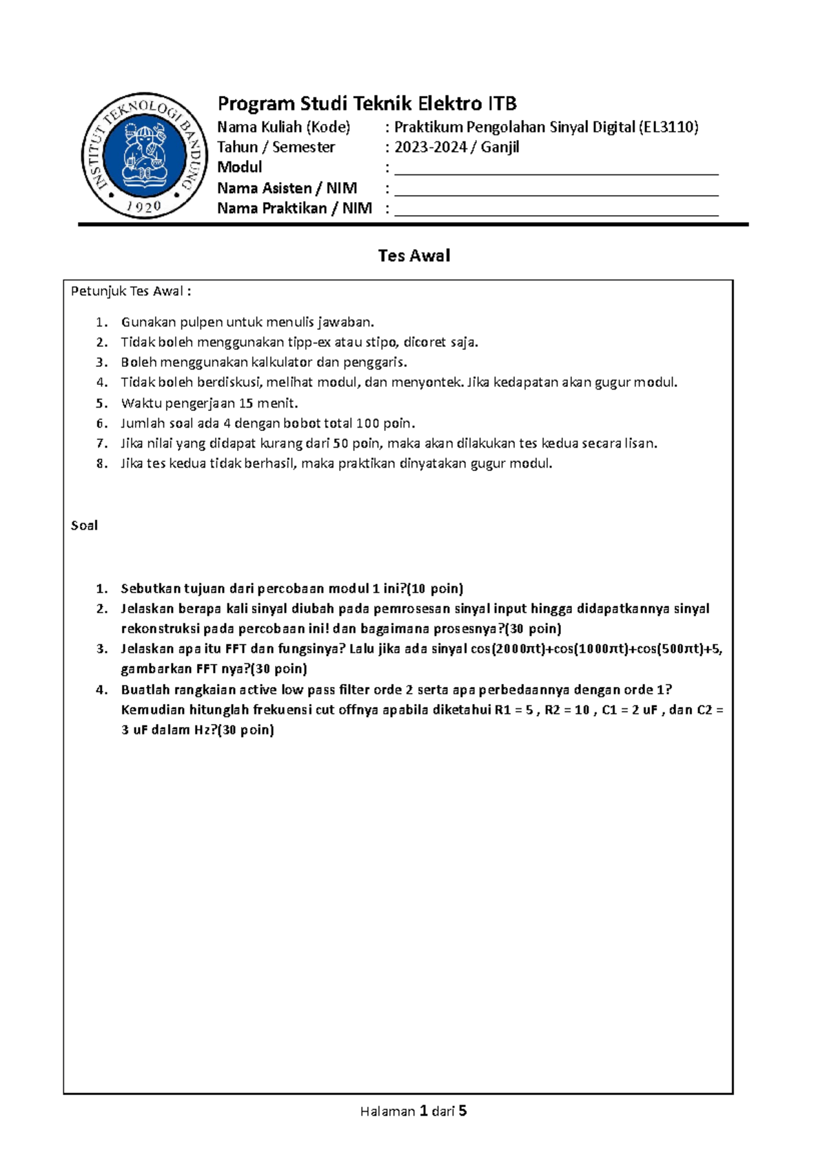 Tes Awal PSD Modul 1 - Tes - Program Studi Teknik Elektro ITB Nama ...