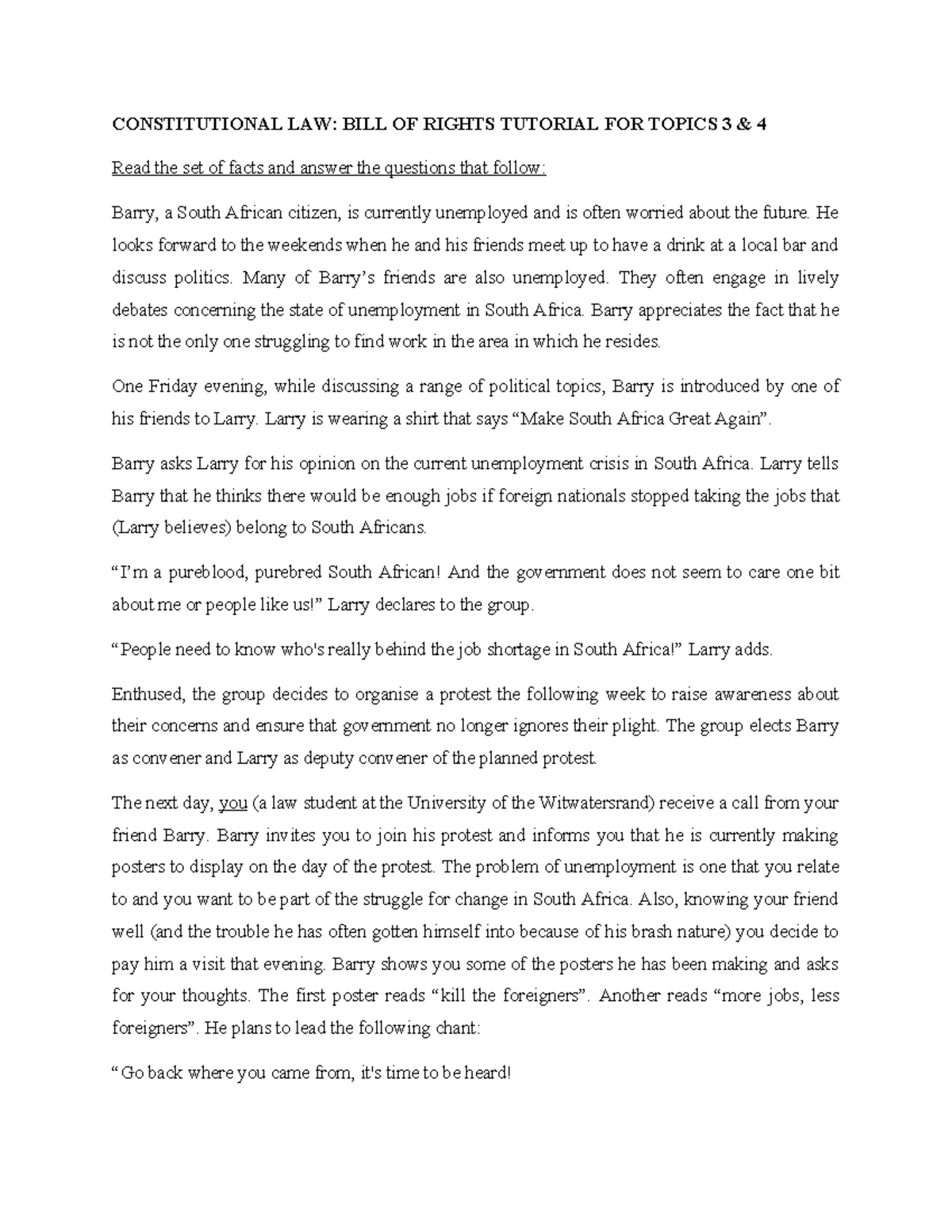 TUT for topics 3 & 4 - practice - CONSTITUTIONAL LAW: BILL OF RIGHTS ...