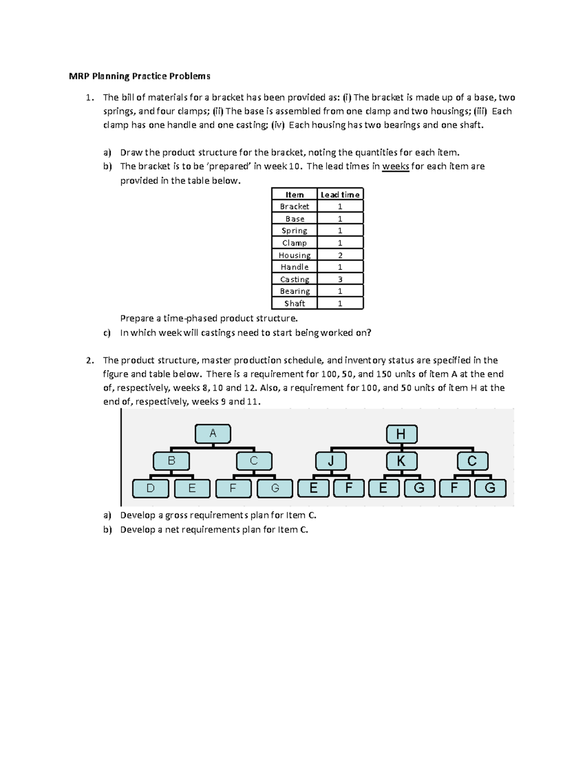MRP Practice Problems - prac prob - MRP Planning Practice Problems The ...