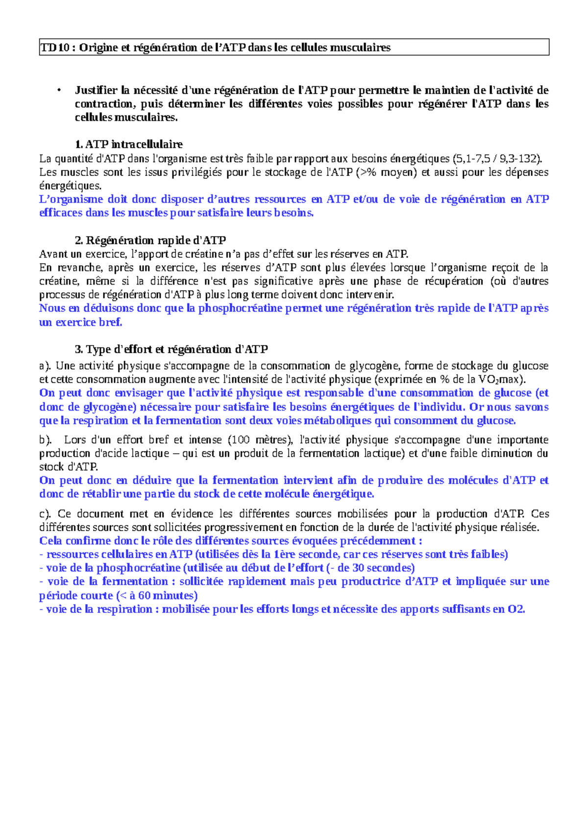 TD10 Corrige - Cour - TD10 : Origine et régénération de l’ATP dans les ...