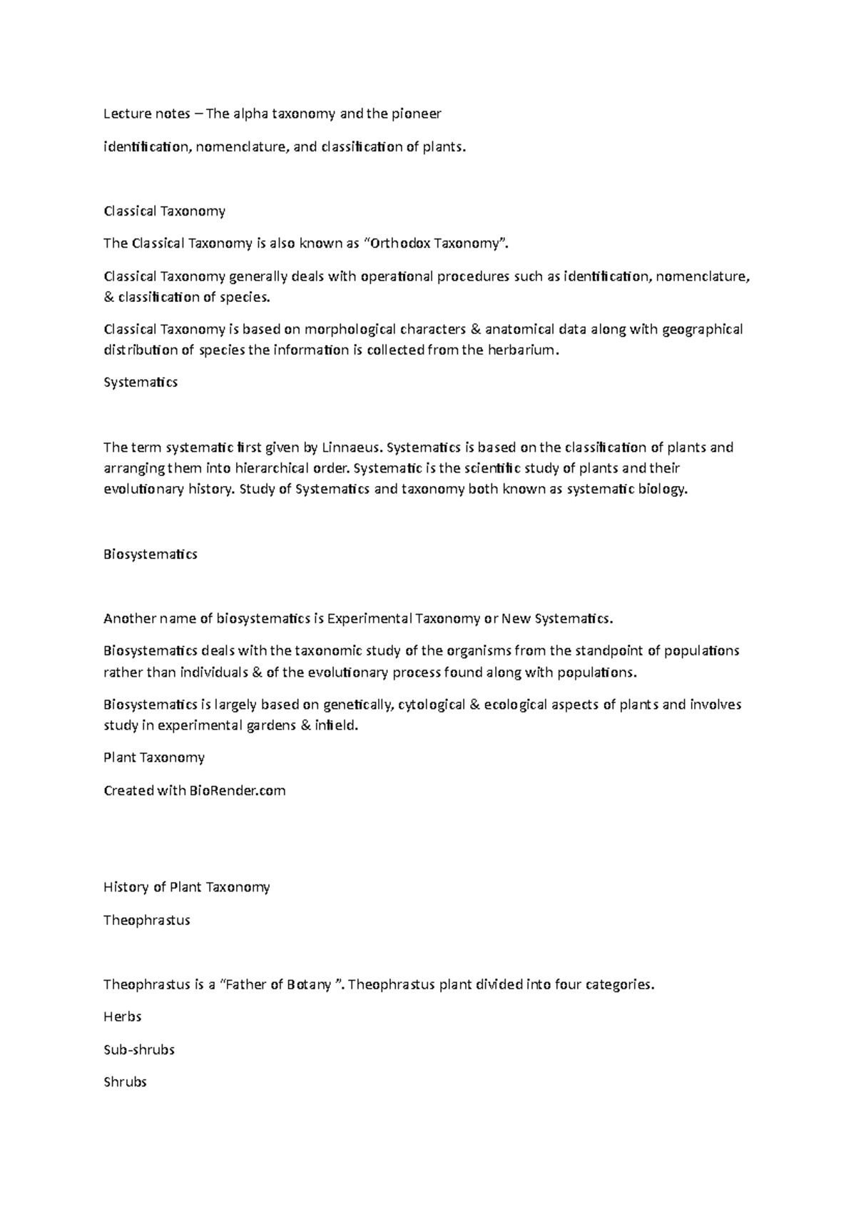 Lecture notes – The alpha taxonomy and the pioneer - Classical Taxonomy ...