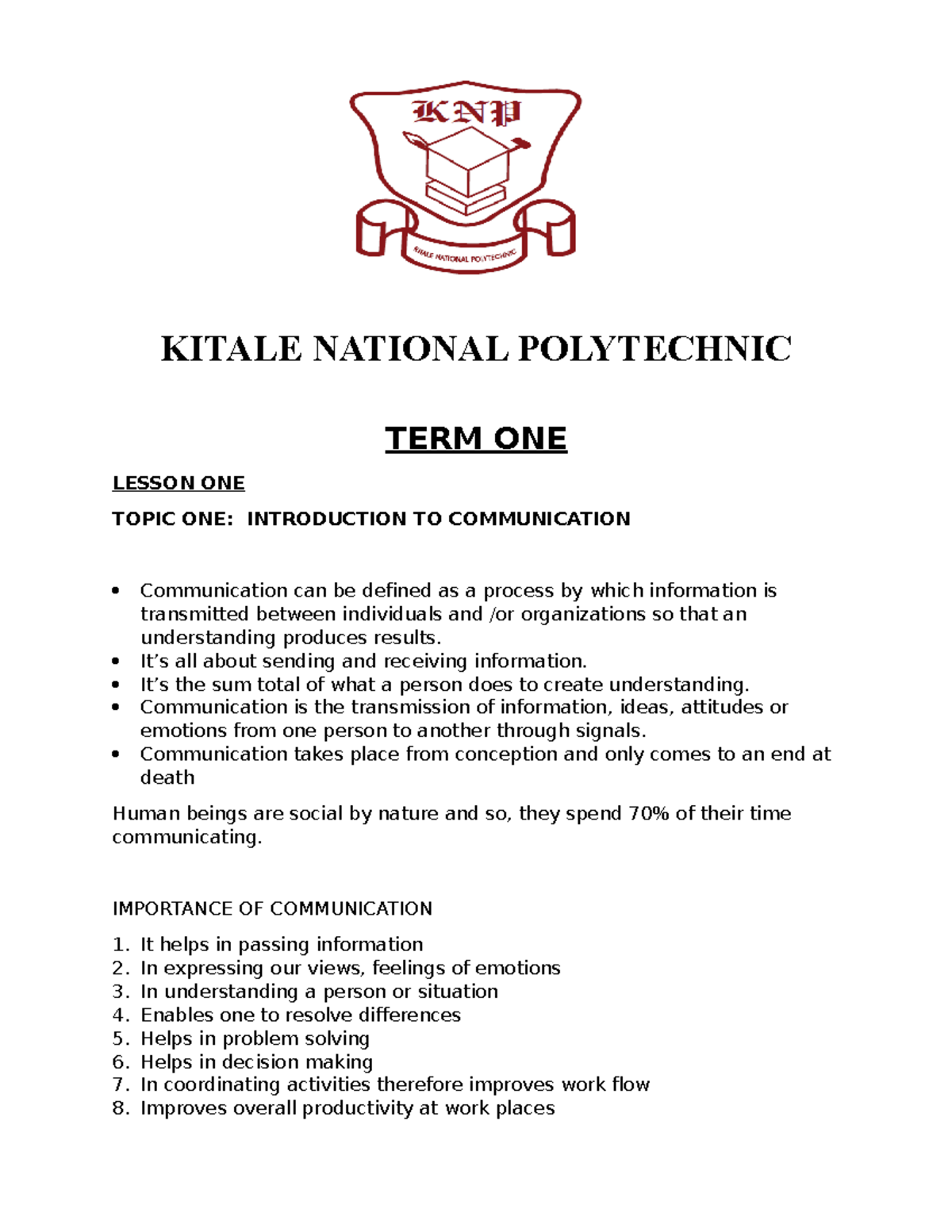 Communication Skills Lessons knp - KITALE NATIONAL POLYTECHNIC TERM ONE ...