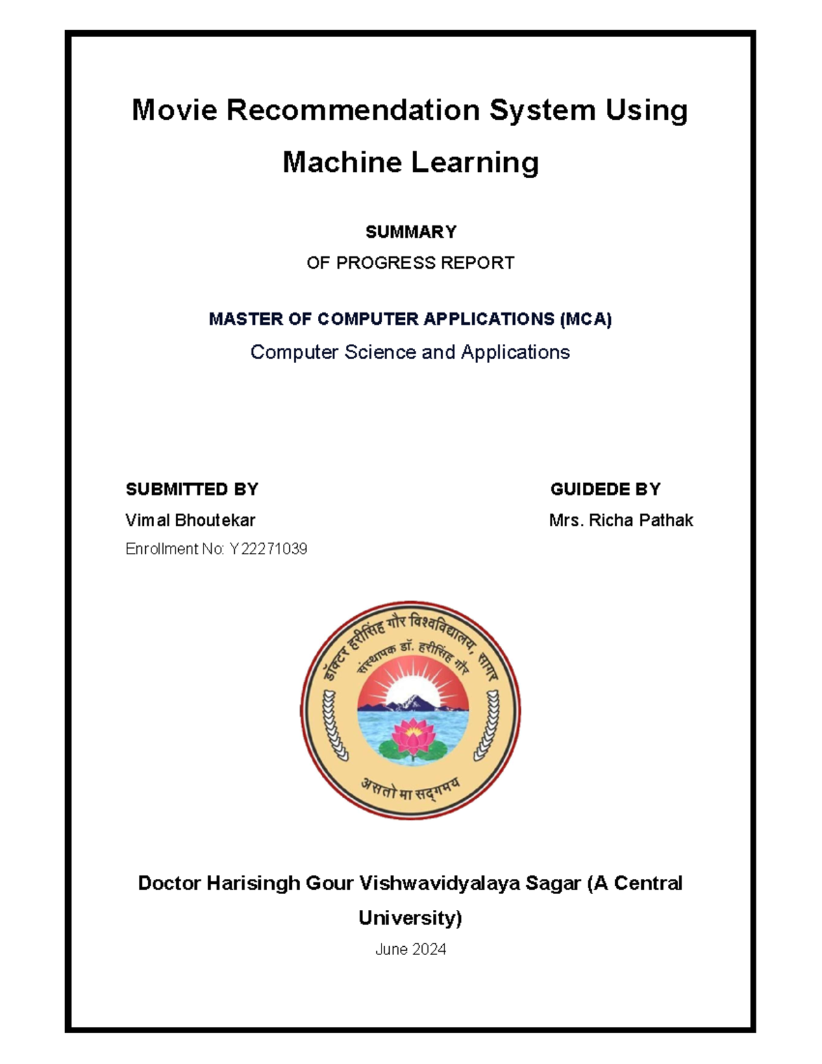 Summury of Project Report - Movie Recommendation System Using Machine ...