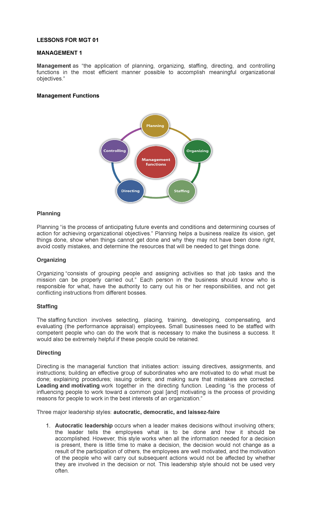 Mgt 1 - FGHREGREFG - LESSONS FOR MGT 01 MANAGEMENT 1 Management as “the ...