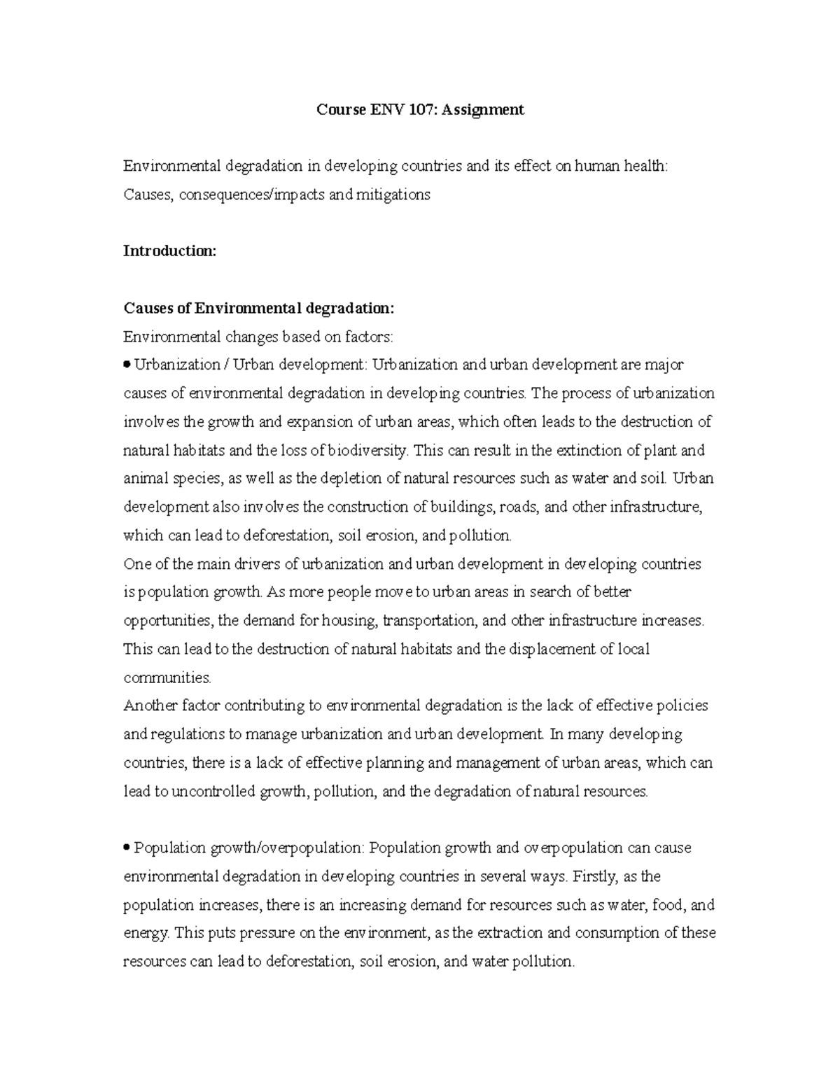 Assignment ENV107 2023 - Course ENV 107: Assignment Environmental degradation in developing ...