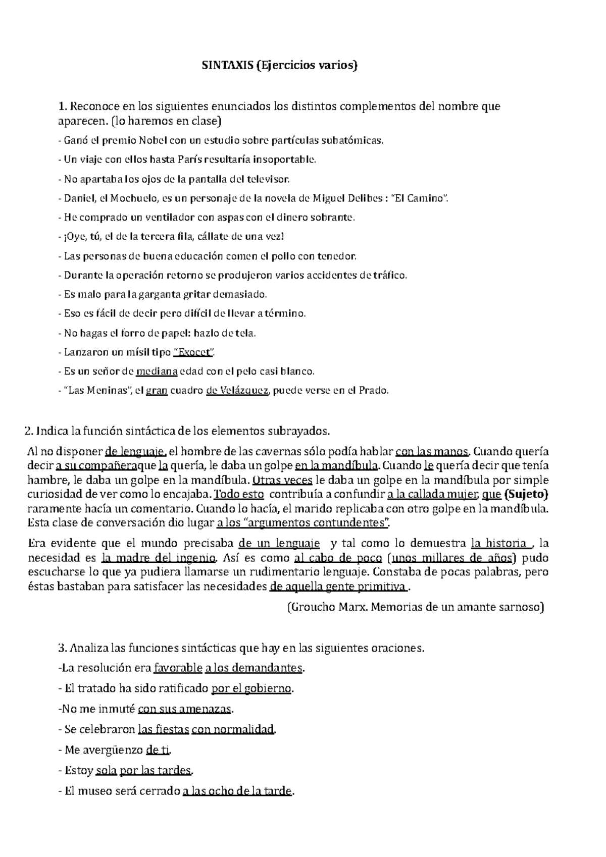 Sintaxis 1º BACH Complementos - SINTAXIS (Ejercicios varios) Reconoce ...