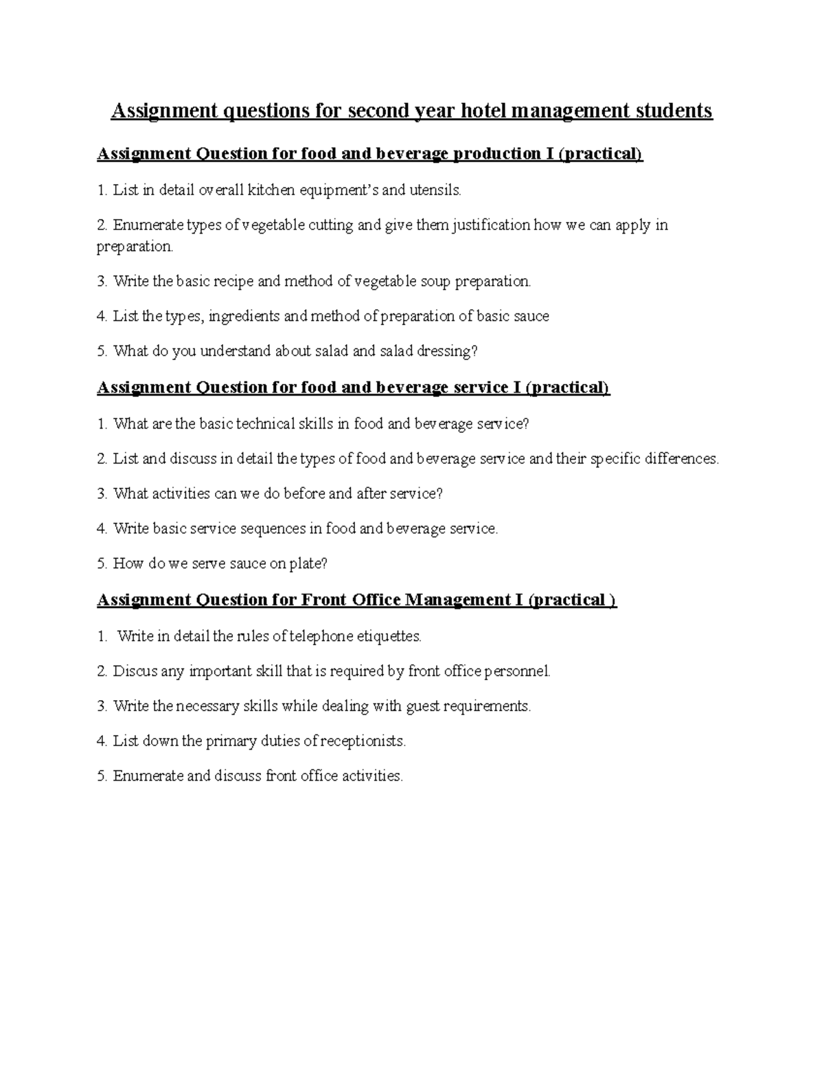 Practical quastion - Assignment questions for second year hotel ...