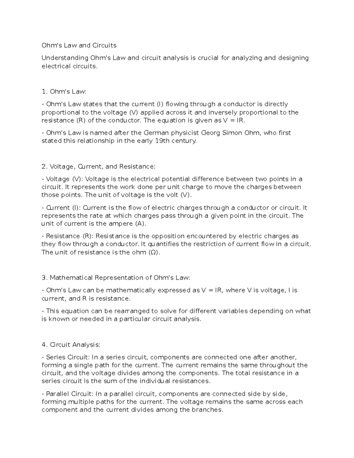 Ohm's Law and Circuits - Ohm's Law: Ohm's Law states that the current ...