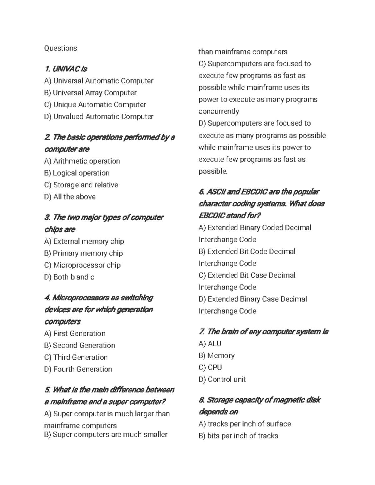 Csc practice Questions 1 - Questions U N I V A C i s A) Universal ...