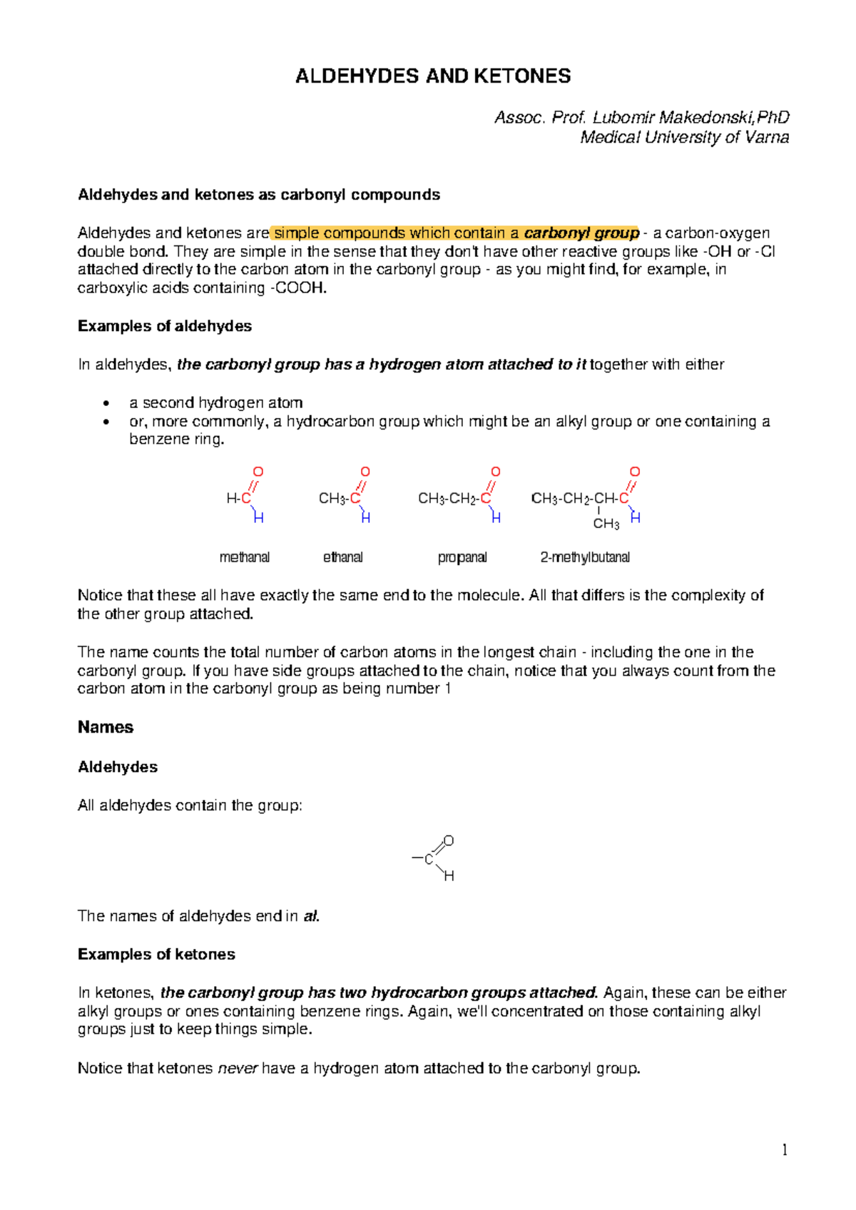 Aldehydes Ketones - ALDEHYDES AND KETONES Assoc. Prof. Lubomir ...
