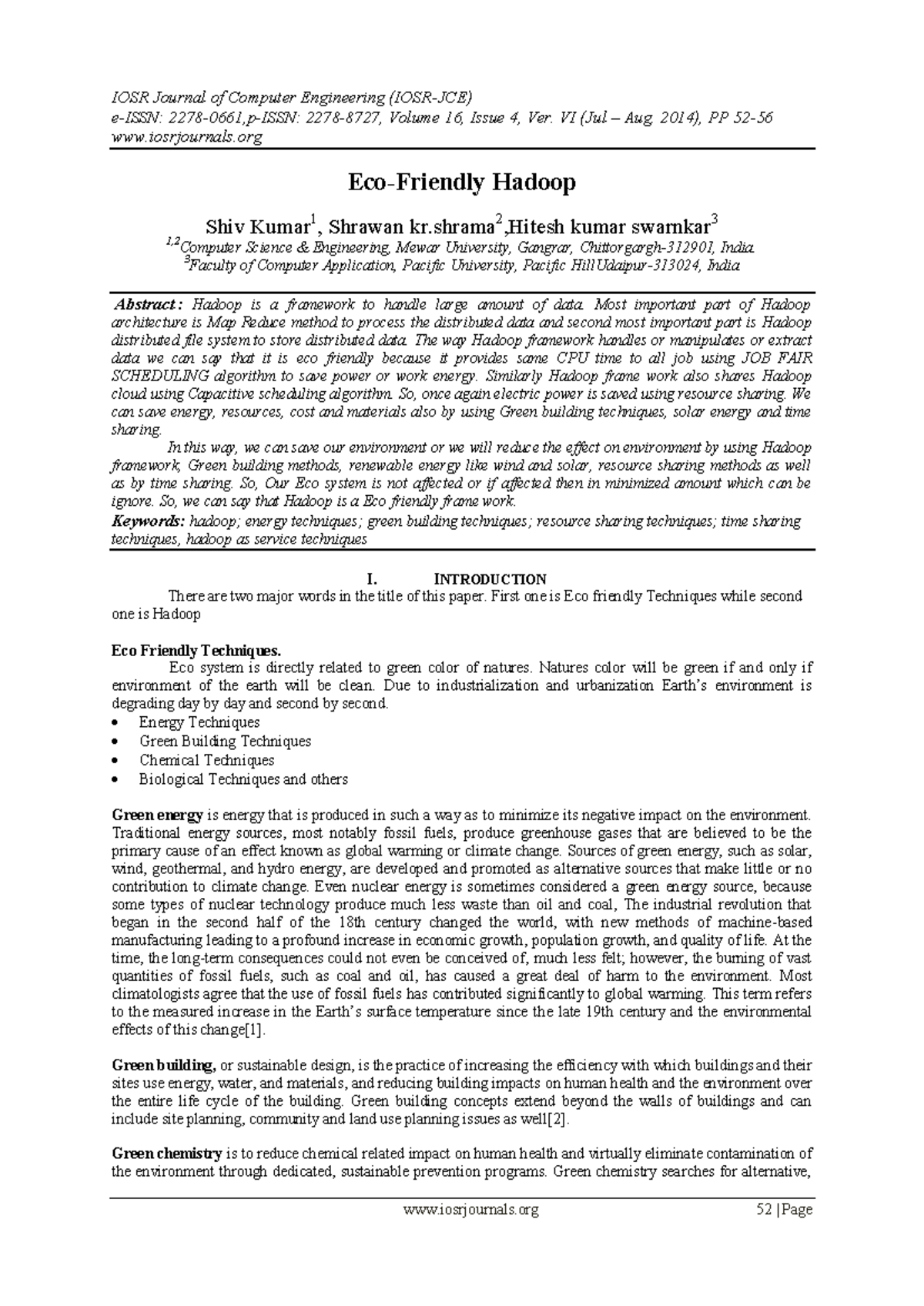 Eco Friendly Hadoop - IOSR Journal of Computer Engineering (IOSR-JCE) e ...