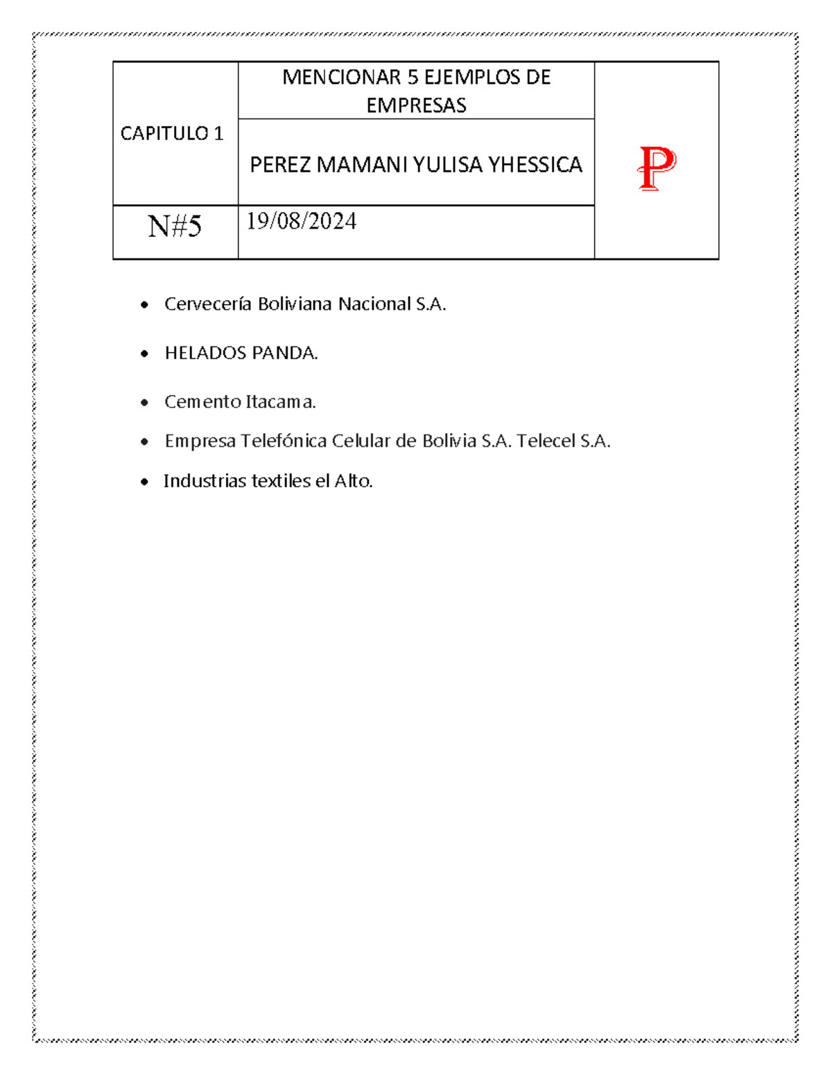 Perez Mamani Yulisa Yhessica Tarea PROS - Cervecería Boliviana Nacional ...