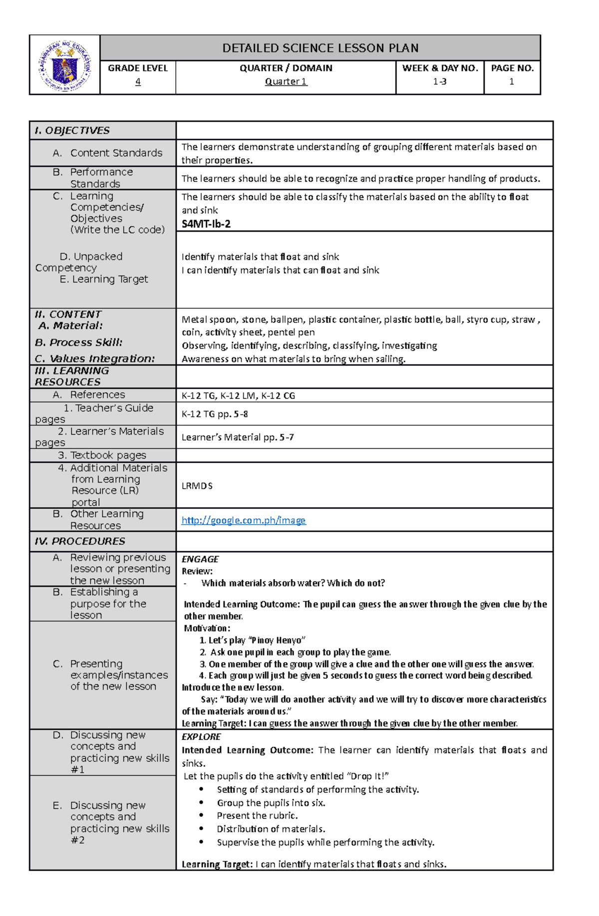 DLP Science None GRADE LEVEL 4 QUARTER DOMAIN Quarter 1 WEEK