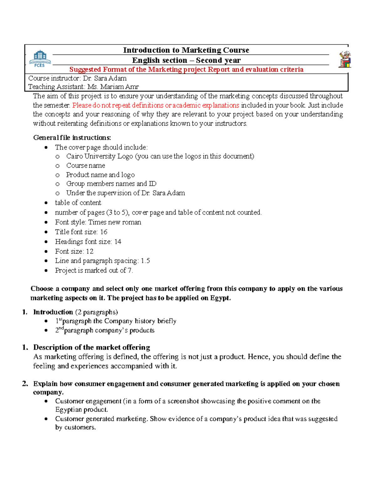 Marketing project guidelin - Introduction to Marketing Course English ...