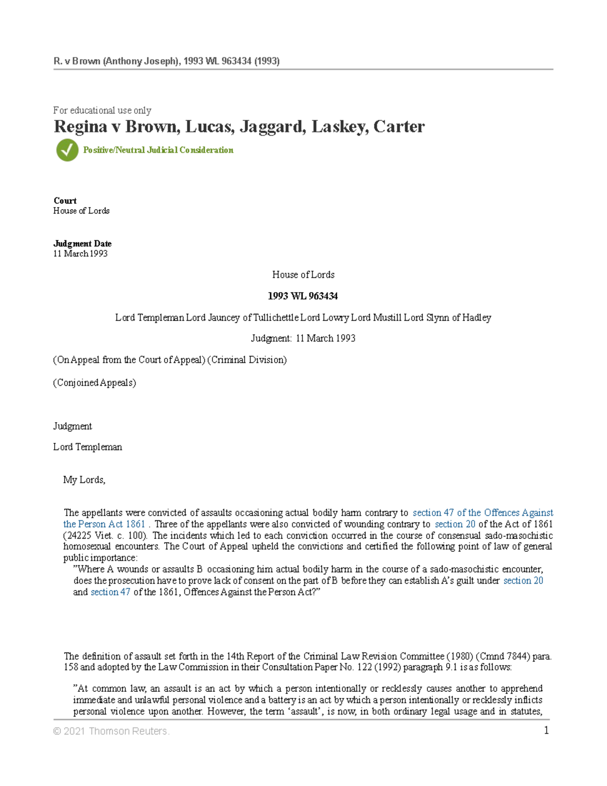 R v Brown (Anthony Joseph) - For educational use only Regina v Brown ...