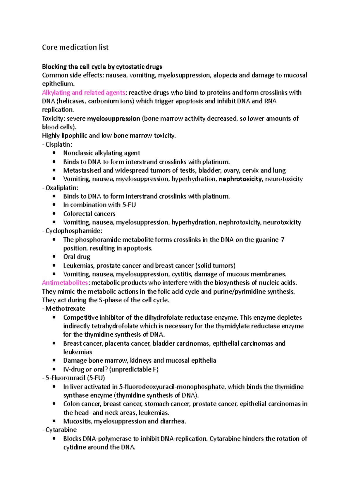 Core medication list - Samenvatting Mechanisms of disease 2 - Core ...