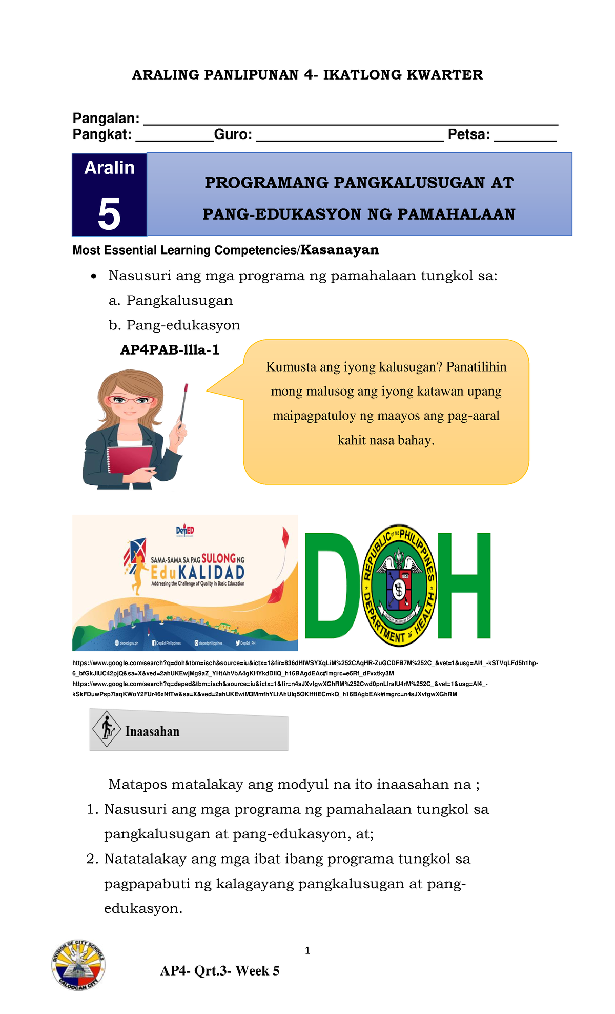 AP 4 Q3 Week 5 AP 4 Q3 Week 5 1 PROGRAMANG PANGKALUSUGAN AT PANG 