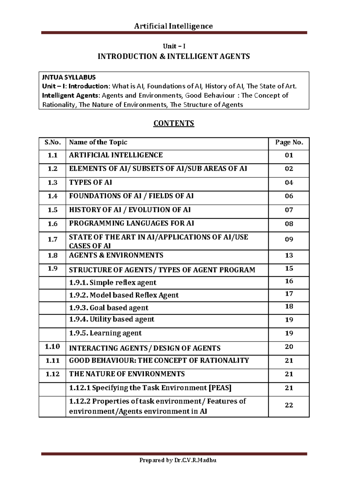 AI UNIT 1 - AI unit1 - Prepared by Dr.C.V.R Unit – I INTRODUCTION & INTELLIGENT AGENTS CONTENTS ...