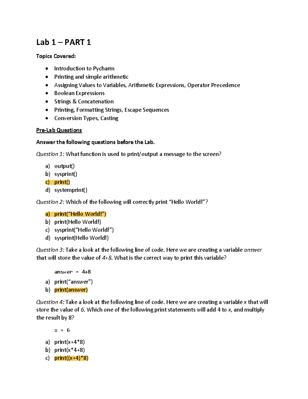 Lab 1 - Lab 1 - Lab 1 – PART 1 Topics Covered: Introduction to Pycharm ...
