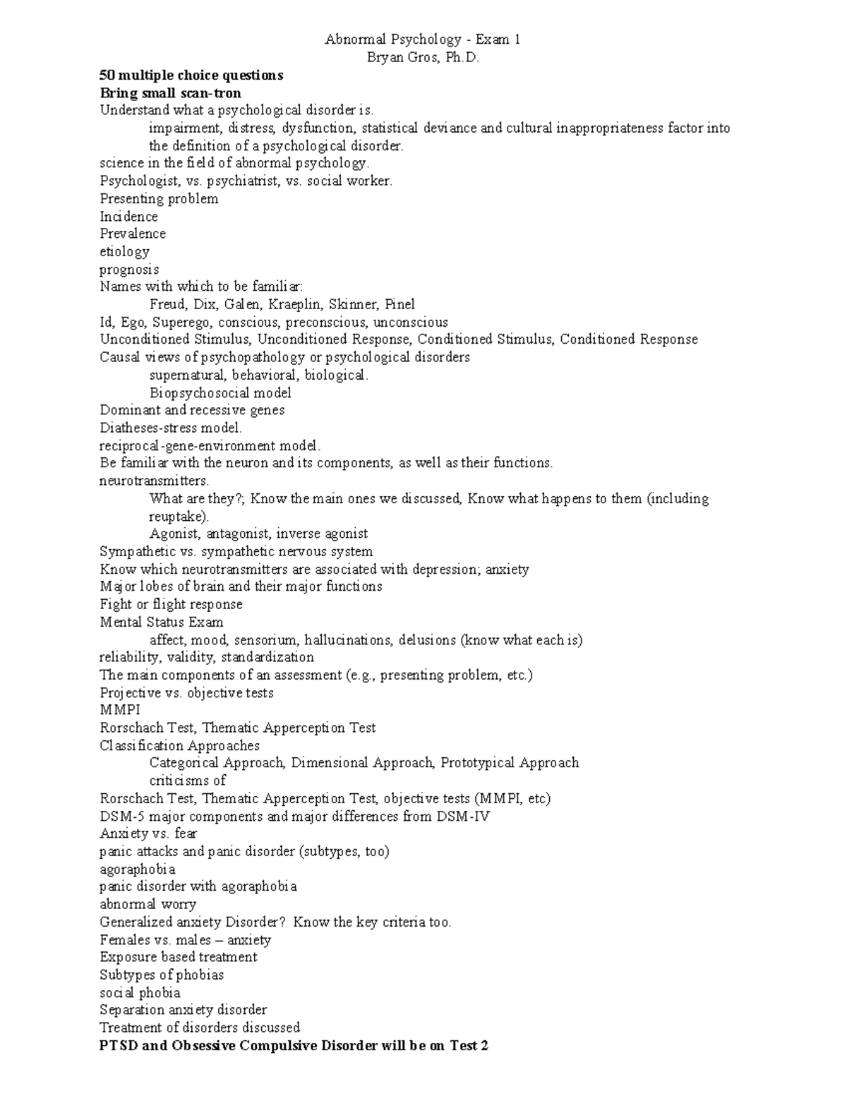 Test 1review abnormal psych - Abnormal Psychology - Exam 1 Bryan Gros ...