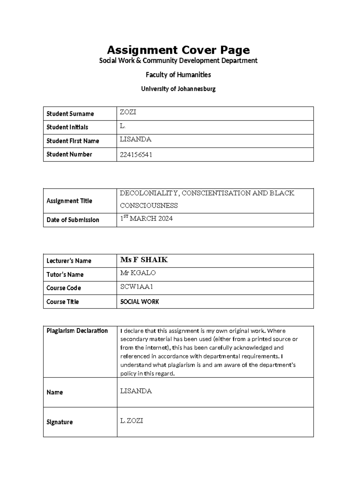 Tutorial worksheet - practice - Assignment Cover Page Social Work ...