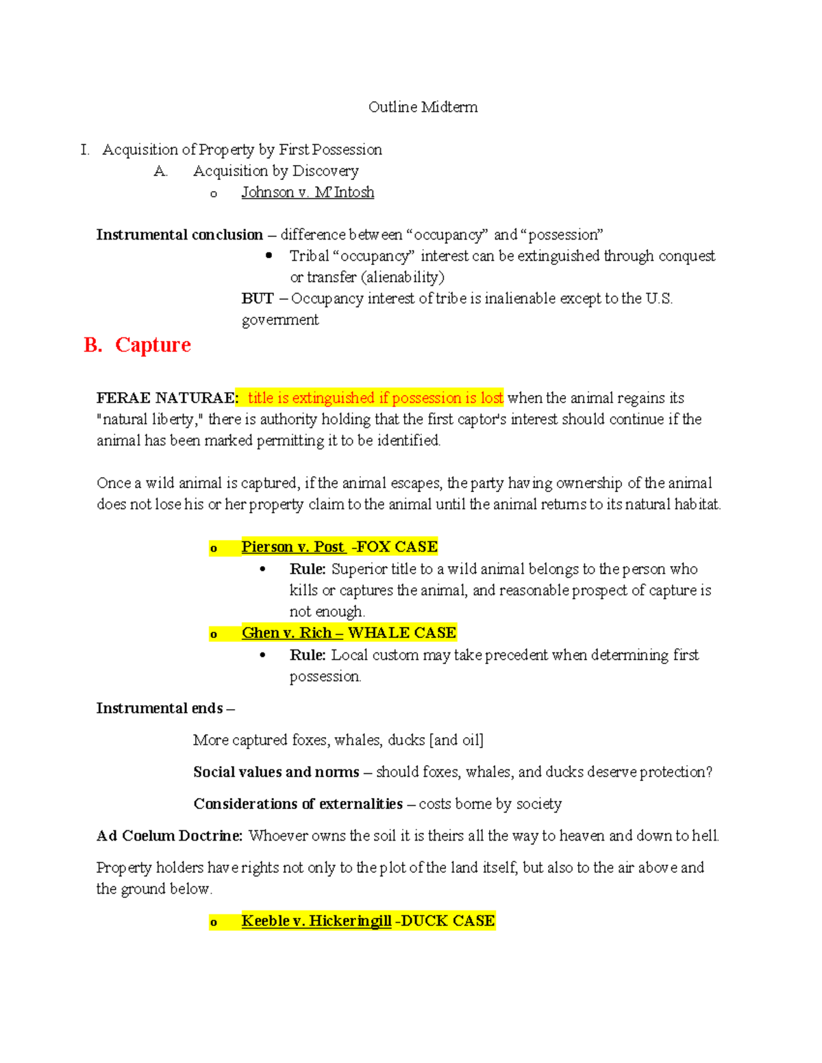 Midterm Outline - NOTES - Outline Midterm I. Acquisition of Property by ...