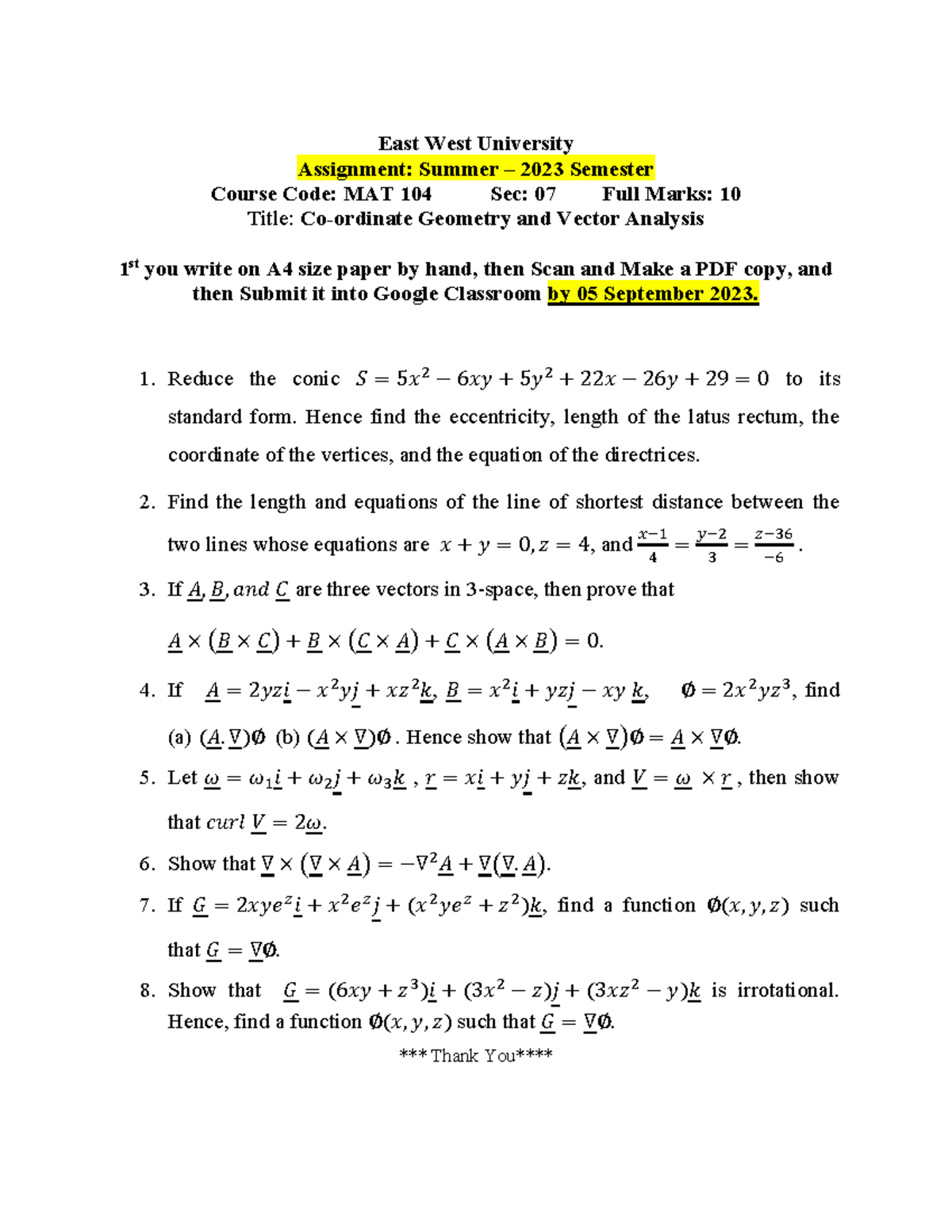 Math 104 Final Assignment - East West University Assignment: Summer – 2023 Semester Course Code ...