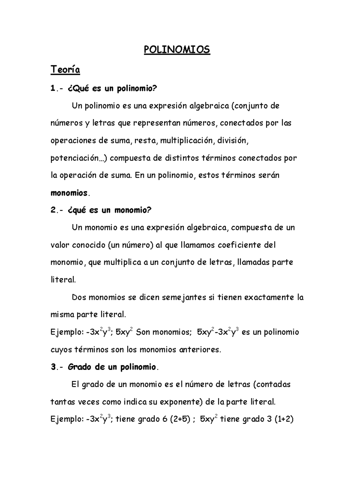 Teorc 3ada-de-polinomios - POLINOMIOS Teoría 1.- ¿Qué es un polinomio ...