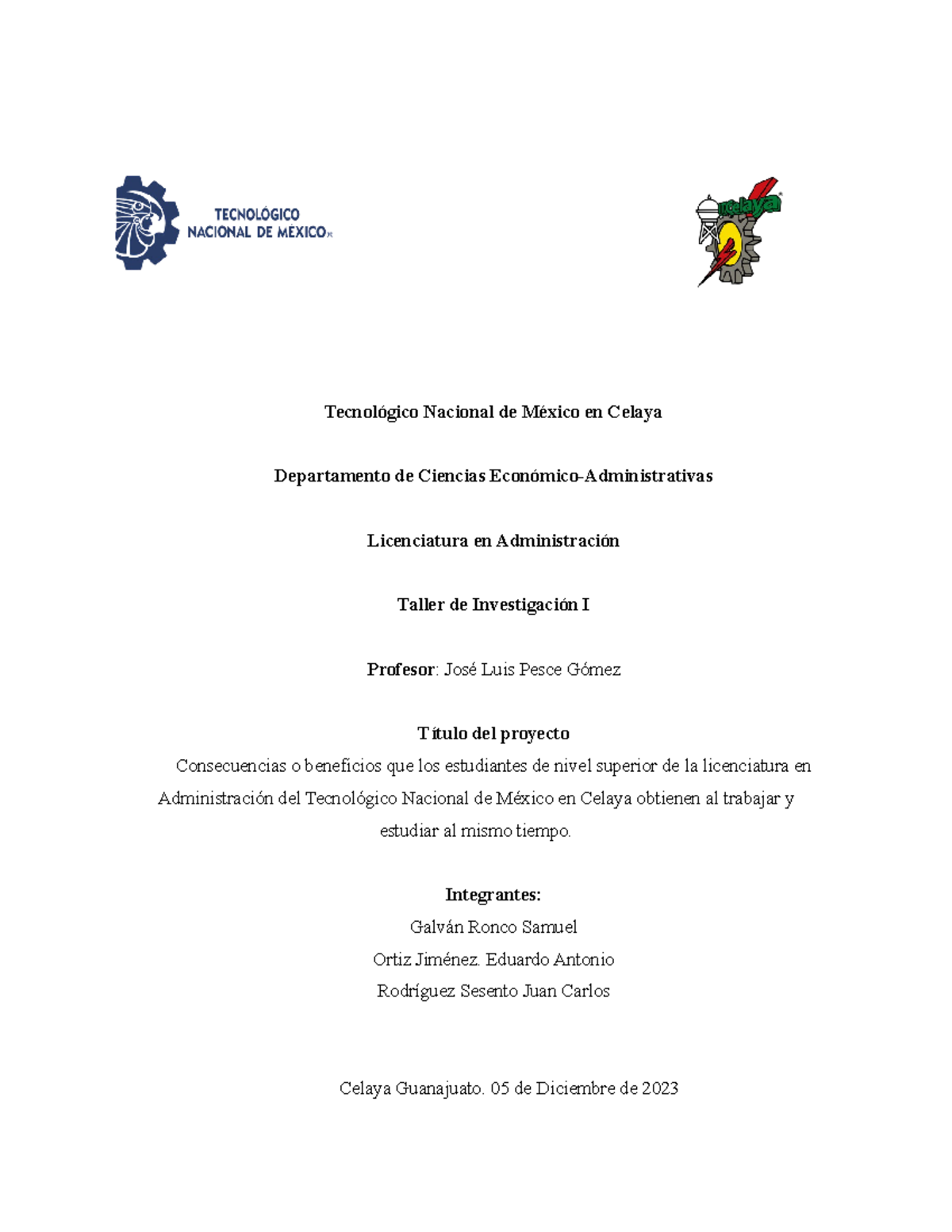 Poryecto final Pesce - Investigación - Tecnológico Nacional de México en Celaya Departamento de ...