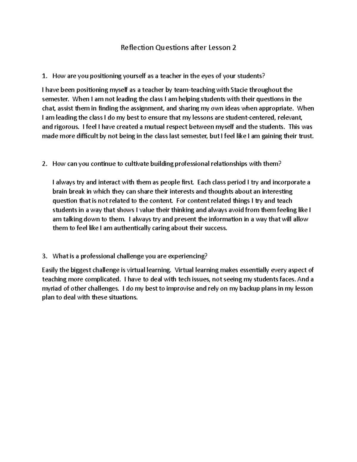 Reflection 2 - Student teaching work - Reflection Questions after ...