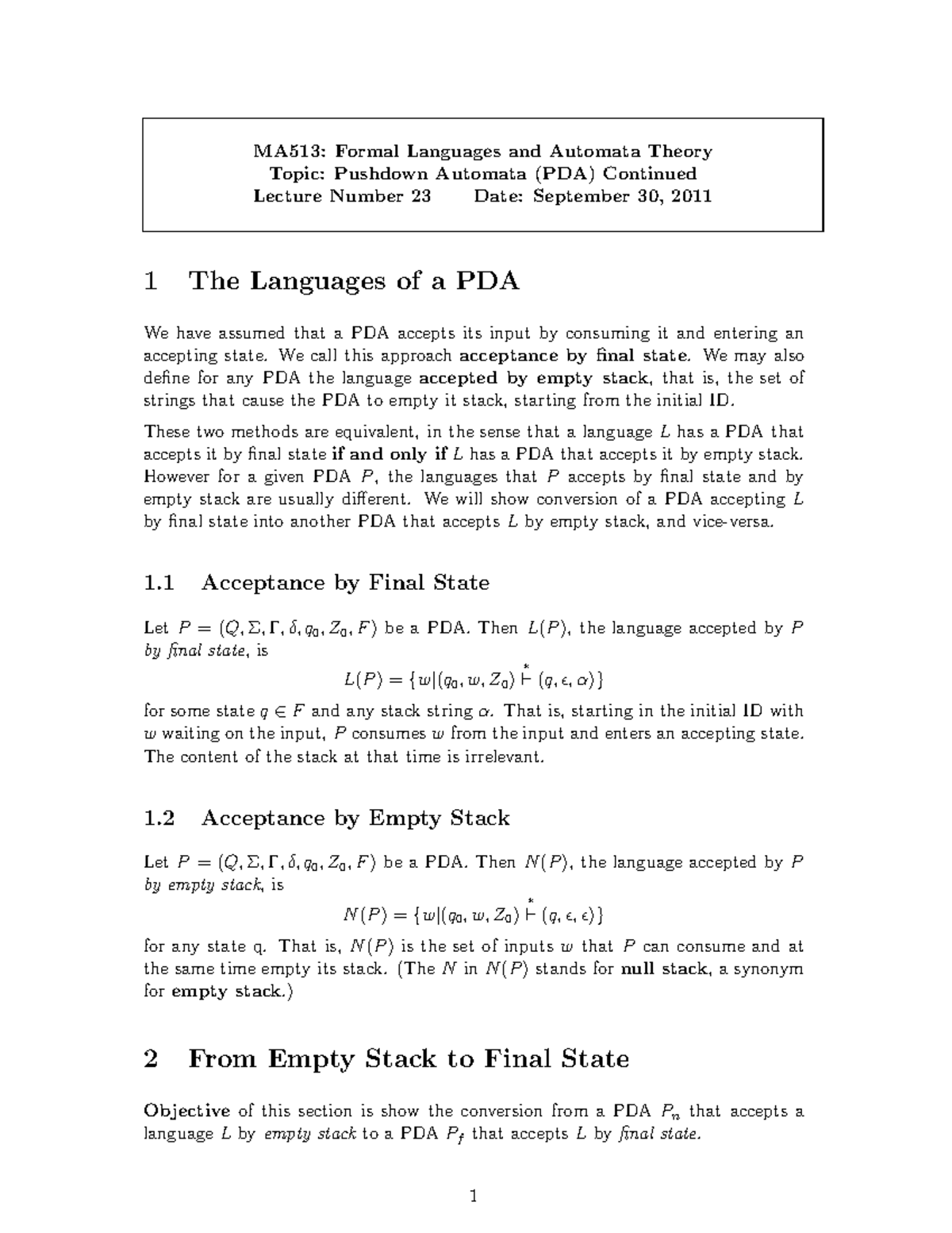 Note - Note about - MA513: Formal Languages and Automata Theory Topic: Pushdown Automata (PDA ...