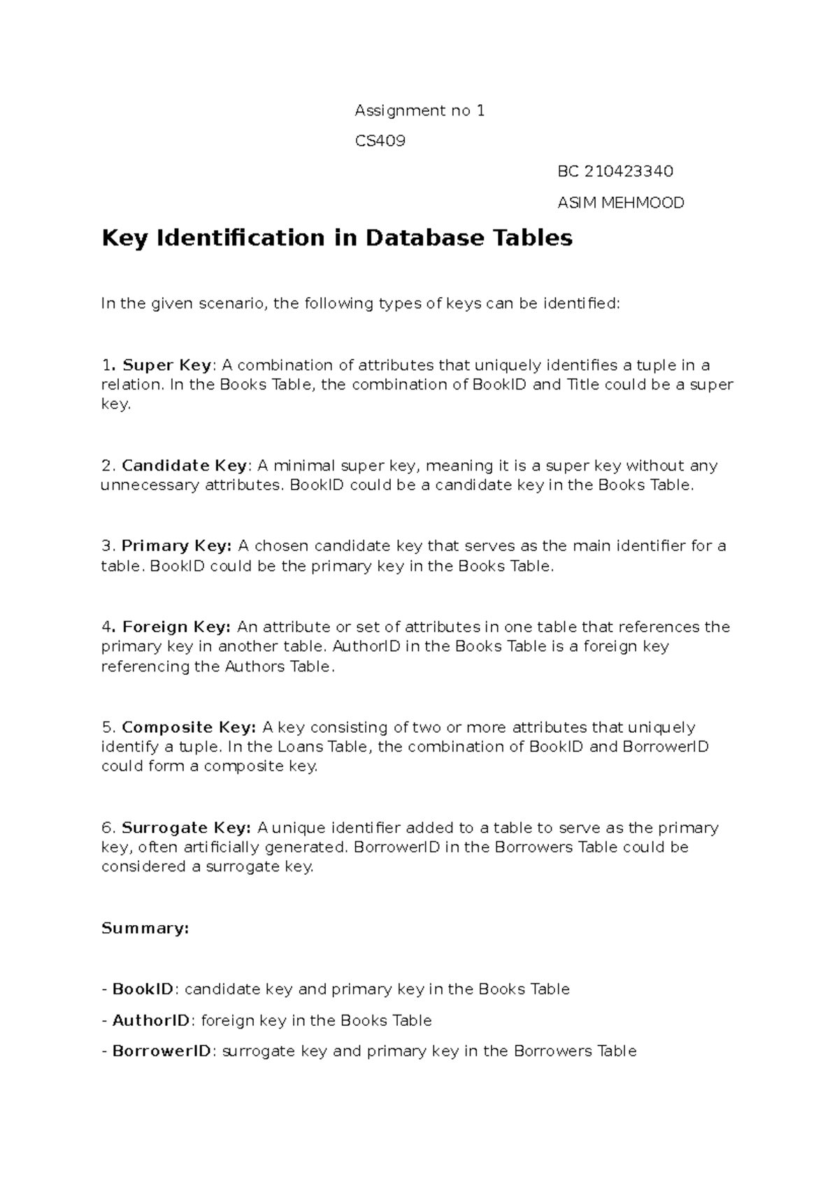 CS409 ASIM - Assignment no 1 CS BC 210423340 ASIM MEHMOOD Key Identification in Database Tables ...