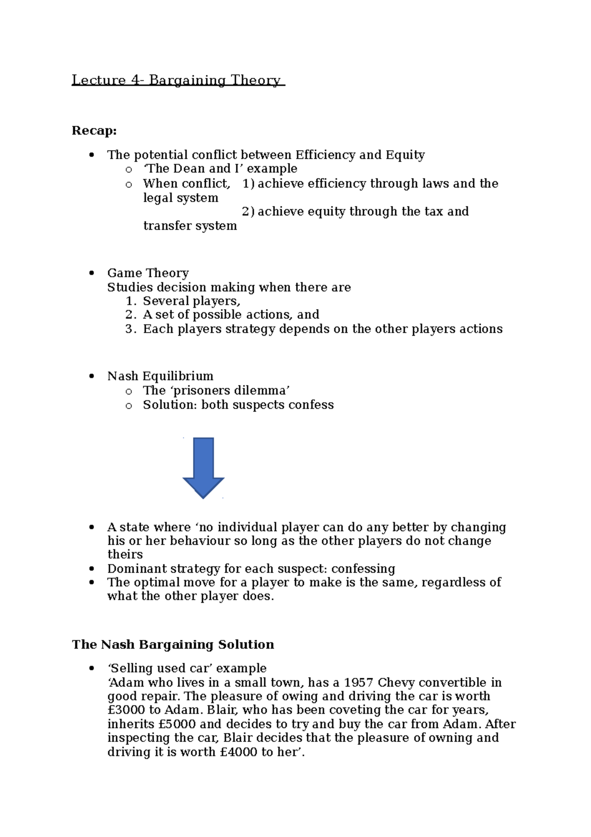 Seminar 4 - Lecture 4- Bargaining Theory Recap: The potential conflict ...