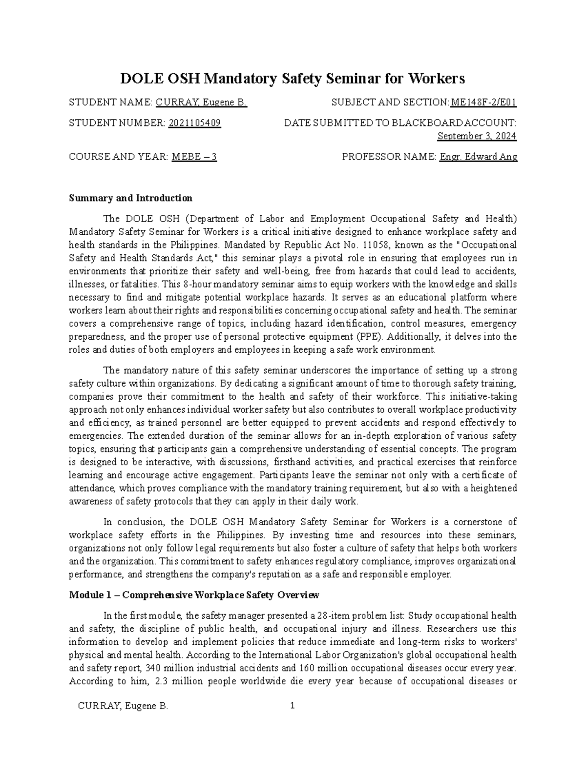 Curray Report 2 Week 3 - 1 DOLE OSH Mandatory Safety Seminar for ...
