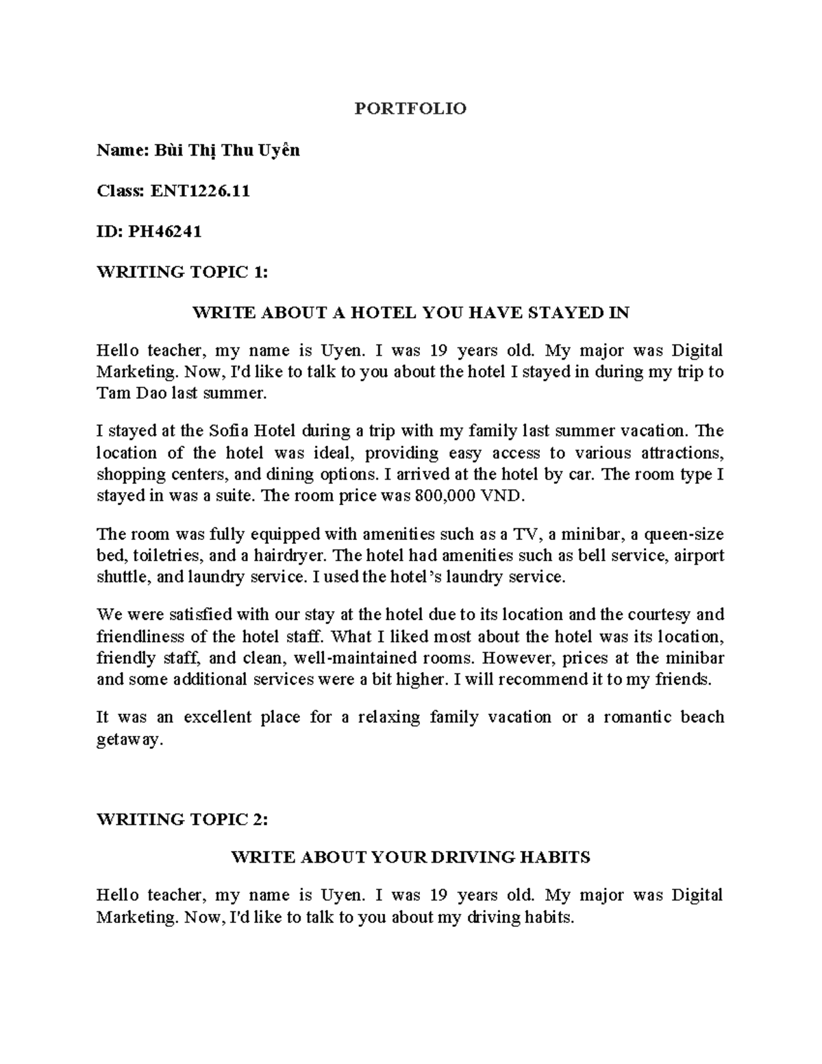 Portfolio 2 - Tiếng anh - PORTFOLIO Name: Bùi Thị Thu Uyên Class ...