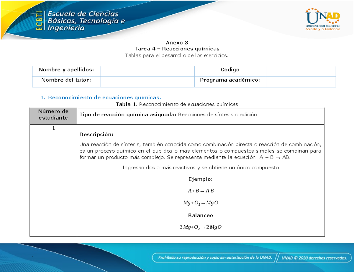 Anexo 3 - Anexo 3 Tarea 4 – Reacciones químicas Tablas para el desarrollo de los ejercicios ...