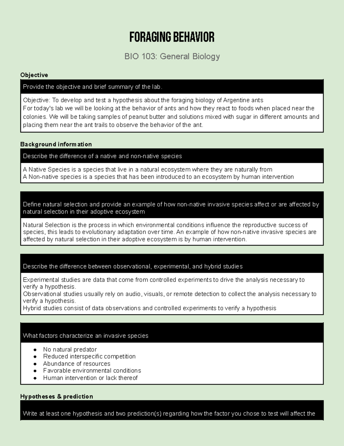 Digital Lab13 example - Foraging Behavior BIO 103: General Biology ...