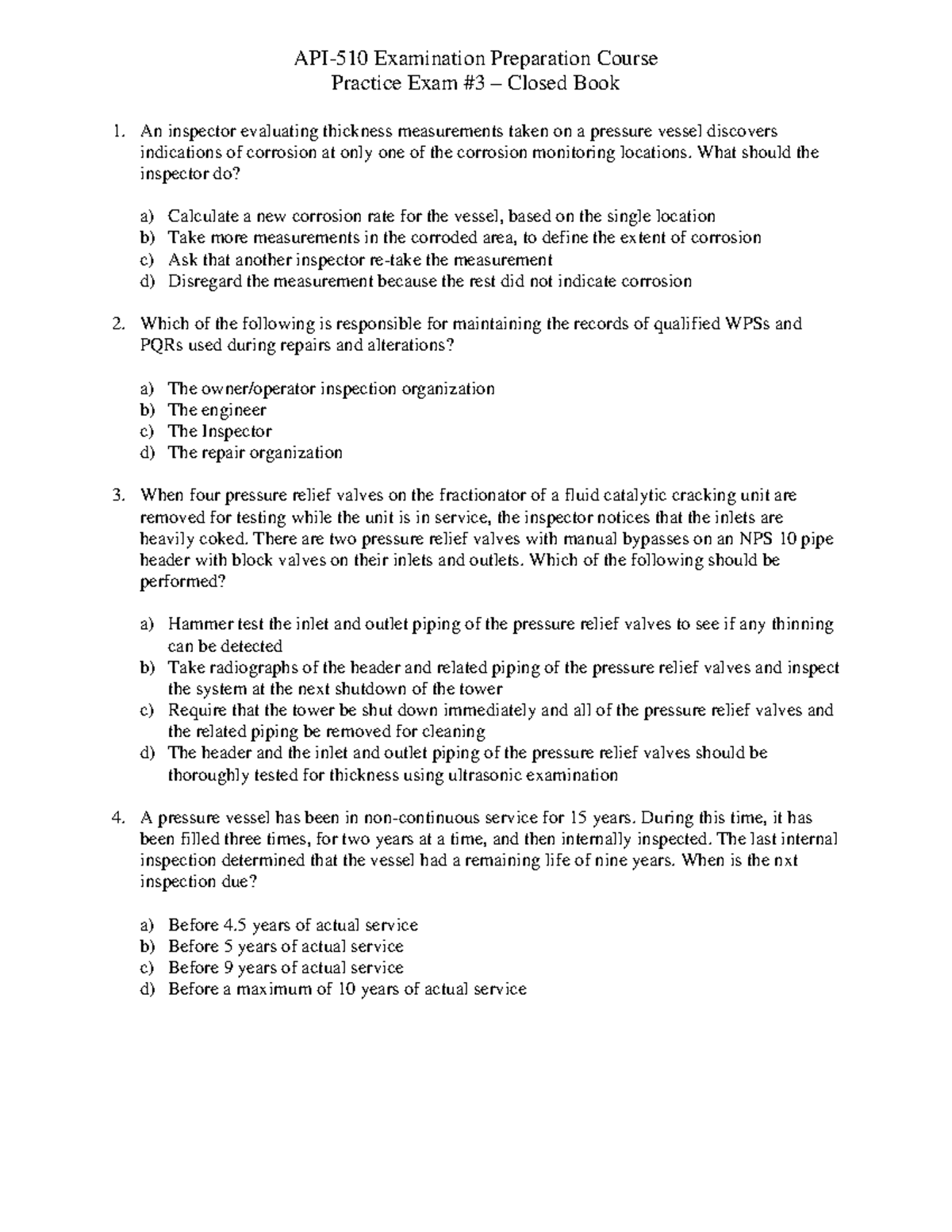 Api 510 Closed book - API 510 - Practice Exam #3 – Closed Book An ...