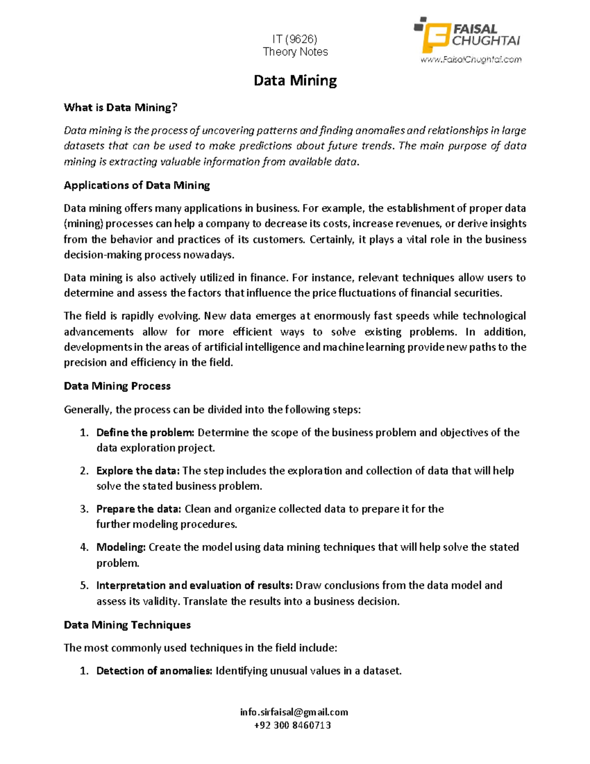 Data Mining - IT (9626) Theory Notes info@gmail +92 300 8460713 Data ...