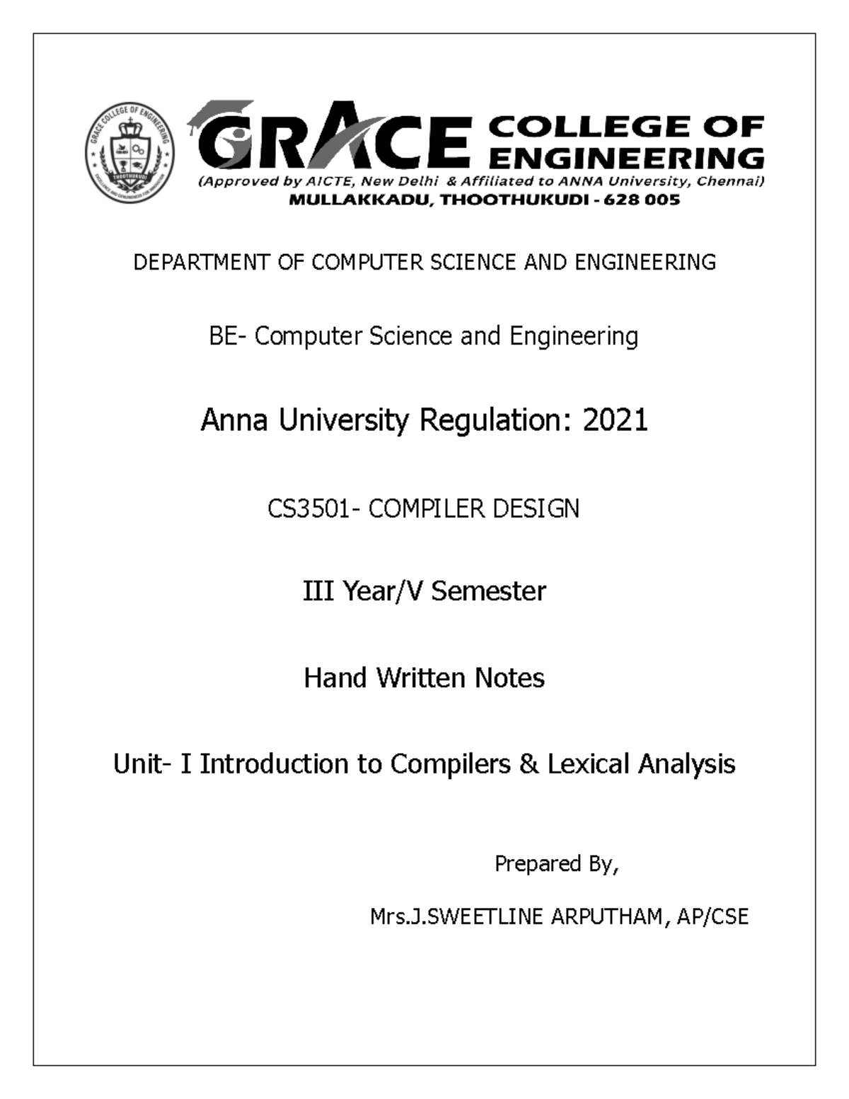 V CSE CS3501 CD UNIT 1 - compiler - Compiler Design - UnitDEPARTMENT- I Introduction Anna ...
