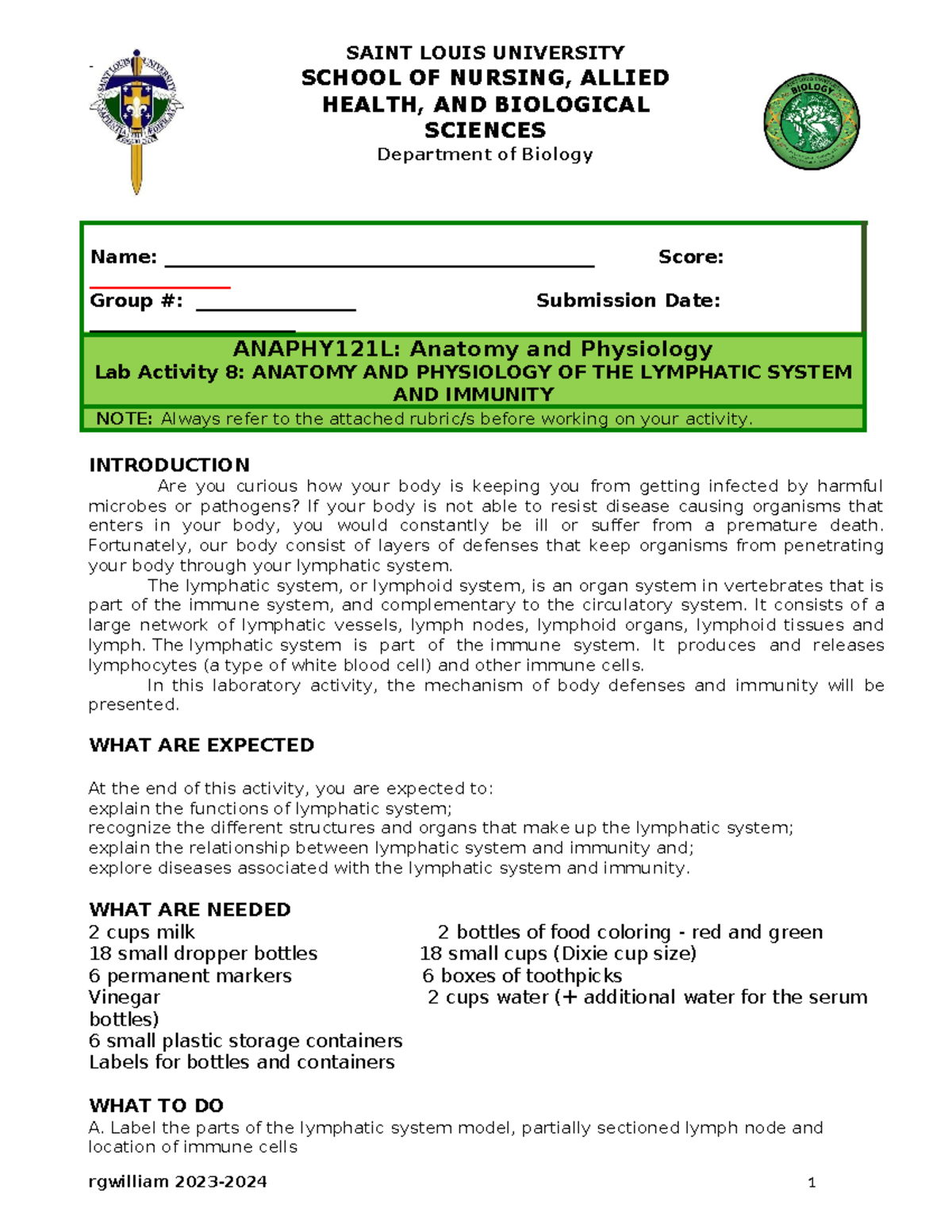 Lab Activity 8: ANATOMY AND PHYSIOLOGY OF THE LYMPHATIC SYSTEM AND ...
