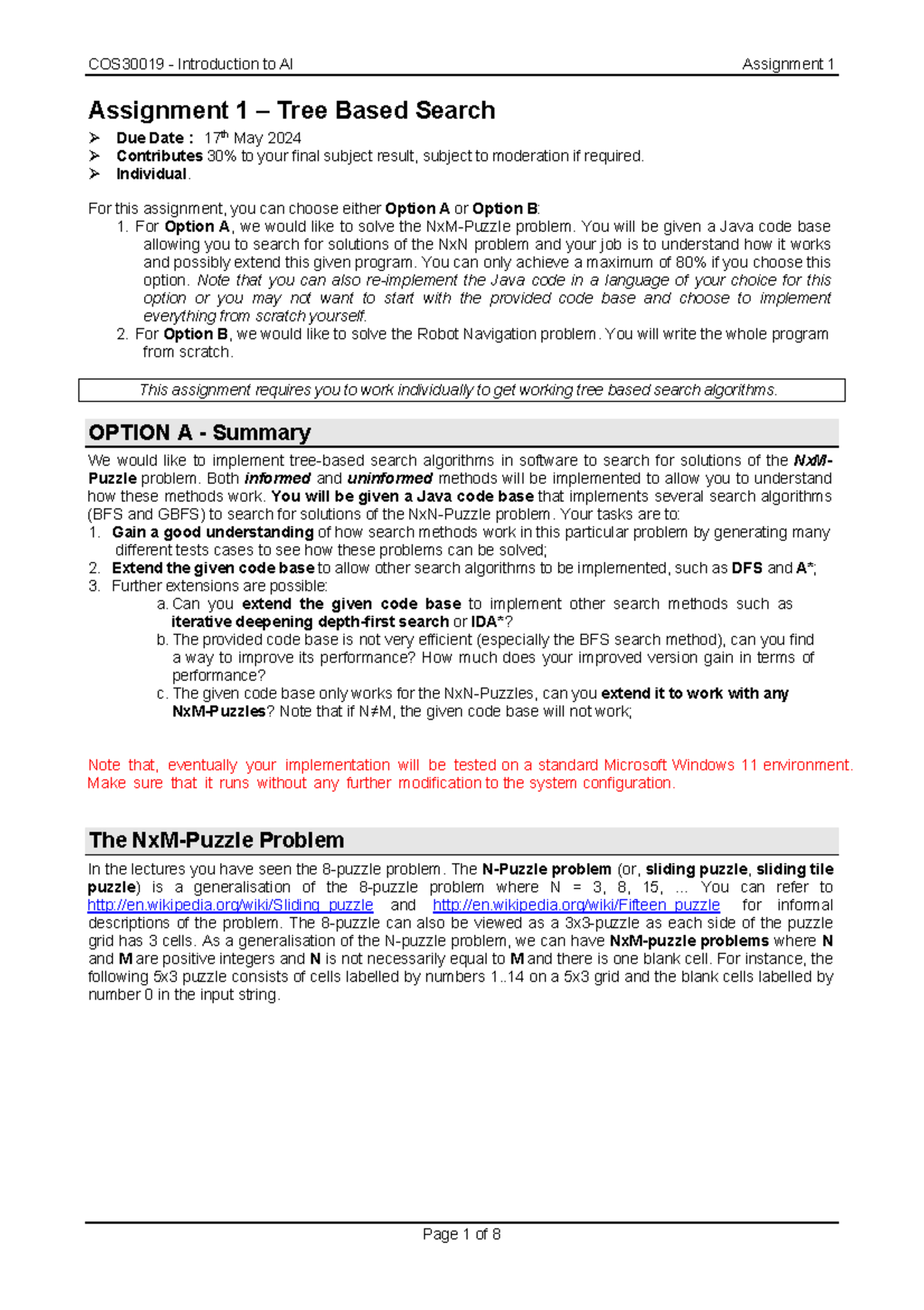 COS30019 Assignment 1 (2024 S1) - This assignment requires you to work individually to get ...