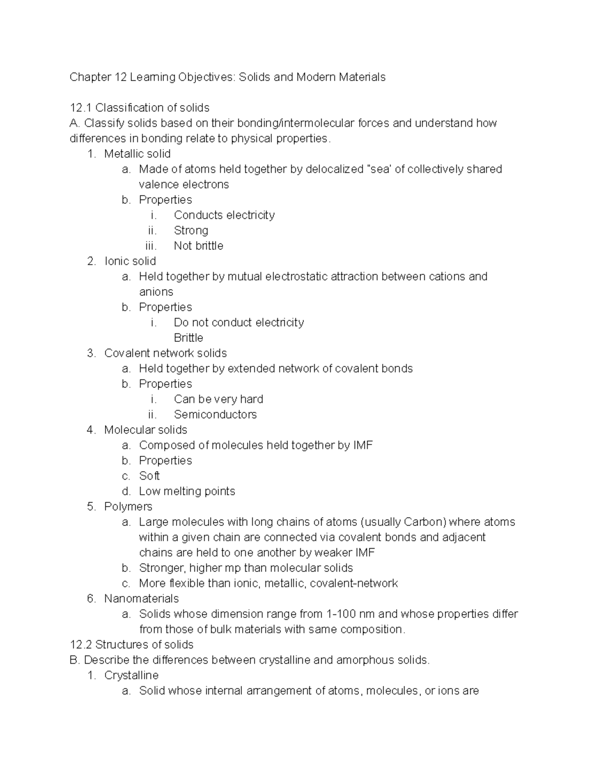 Chapter 12 Learning Objectives: Solids and Modern Materials - Materials ...